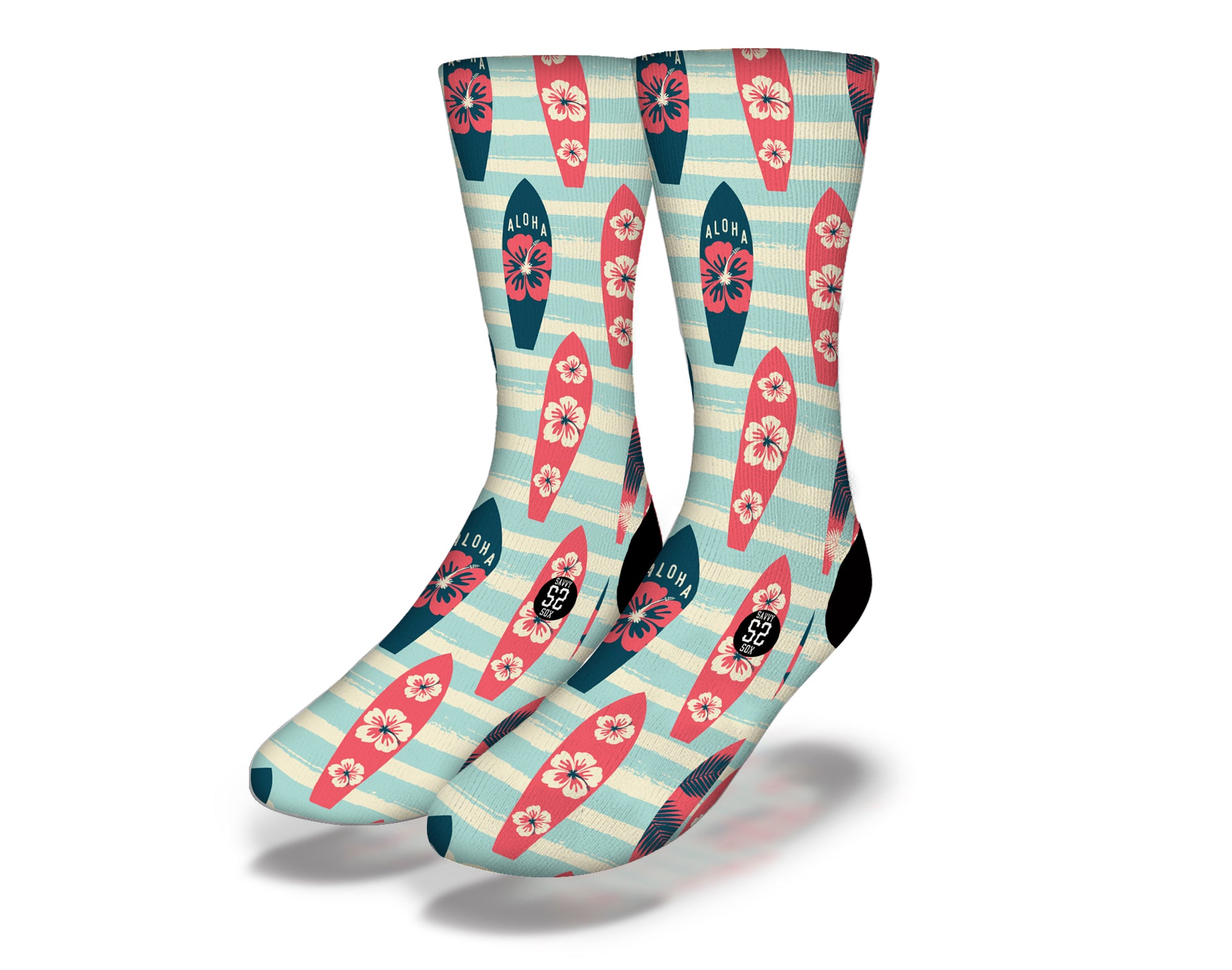 ALOHA RETRO HIBISCUS SURFBOARDS Fun Surfing Socks (Aqua Stripes ...